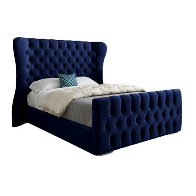 Parma Wide Curved Winged Upholstered Soft Velvet Bed Frame - Blue