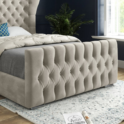 Parma Wide Curved Winged Upholstered Soft Velvet Bed Frame - Cream
