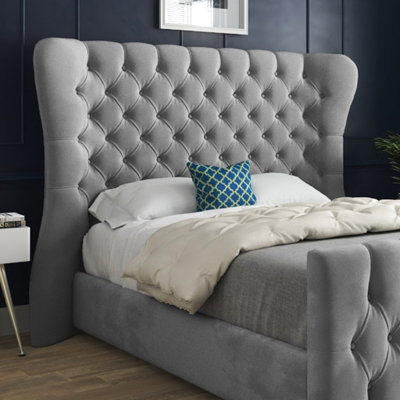 Parma Wide Curved Winged Upholstered Soft Velvet Bed Frame - Grey