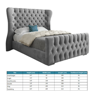 Parma Wide Curved Winged Upholstered Soft Velvet Bed Frame - Grey