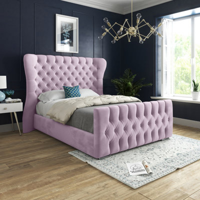 Parma Wide Curved Winged Upholstered Soft Velvet Pink Bed Frame