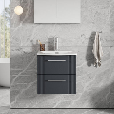 Partial Fluted 2 Drawer Wall Hung Vanity Unit with 1 Tap Hole Curved ...