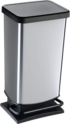 Paso Trash Can 40L with Lid and Pedal, Rotho Plastic Waste Bin, Silver ...