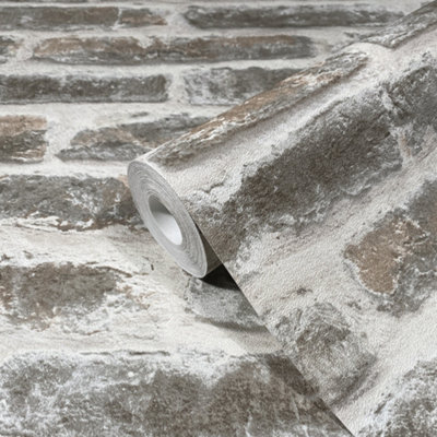 Paste the Wall White and Taupe Exposed Brick Wallpaper