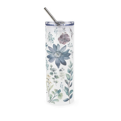 Pastel Blue Flowers Glass Travel Flask - Soft Floral Watercolour Gift ...