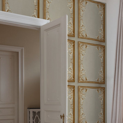 Paul Moneypenny Neutral Beige Rococo Plaster Panel Wallpaper for Grandeco