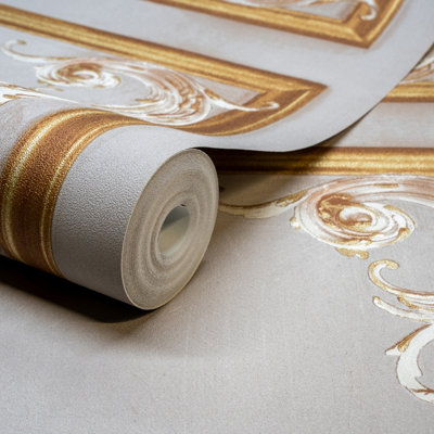Paul Moneypenny Neutral Beige Rococo Plaster Panel Wallpaper for Grandeco