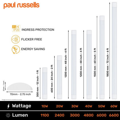 paul russells 1ft LED Batten Tube Lights, 10W 1100 Lumens, IP20, 6500K ...