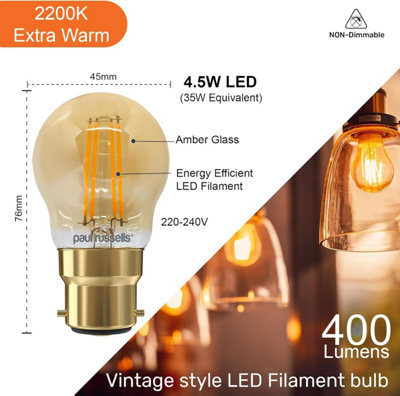 Paul Russells G45 LED Filament Golf Ball B22 Bulb, 4.5W 35W Eq, 400LM ...