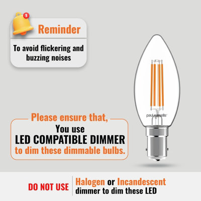paul russells LED Filament Dimmable Candle Bulb, SBC B15, 4.5W 470 Lumens, 40w Equivalent, 2700K ...