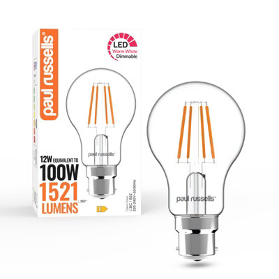 paul russells LED Filament Dimmable GLS Bulb, BC B22, 12W 1521 Lumens ...
