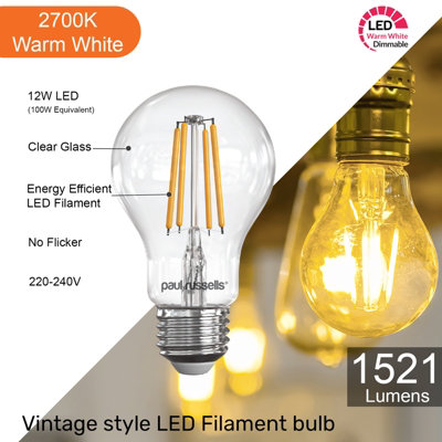 paul russells LED Filament Dimmable GLS Bulb, ES E27, 12W 1521 Lumens, 100w Equivalent, 2700K ...