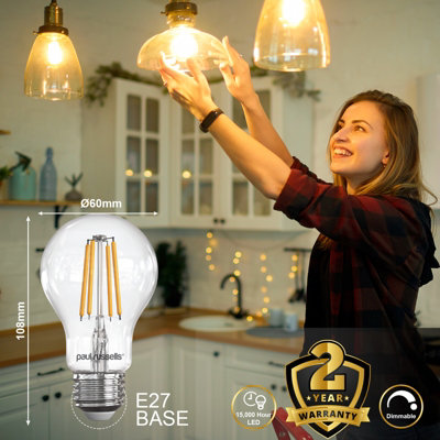 paul russells LED Filament Dimmable GLS Bulb, ES E27, 12W 1521 Lumens, 100w Equivalent, 2700K ...