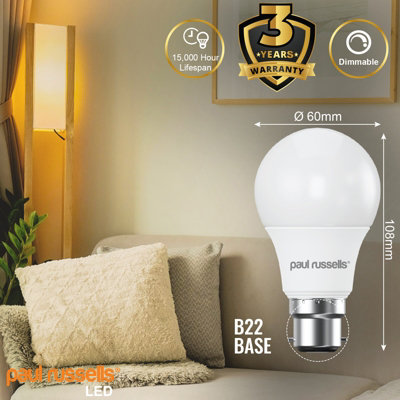 paul russells LED GLS Dimmable Bulb Bayonet Cap BC B22, 8.5W 806Lumens ...