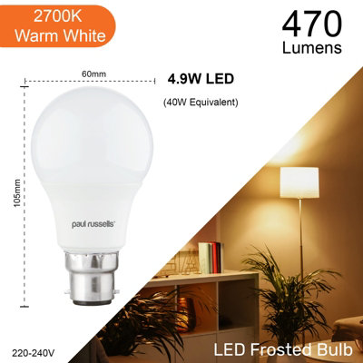 paul russells LED GLS Globe Bulb Bayonet Cap BC B22, 4.9W 470 Lumens ...