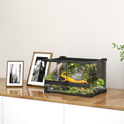 PawHut 10L Glass Terrarium, Reptile Vivarium with Stone Background, Black