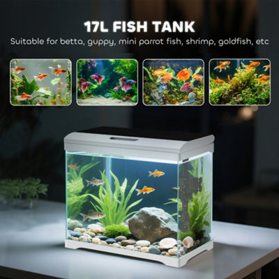 PawHut 17L Glass Fish Tank with Filter System, LED Light, Water Pump, White