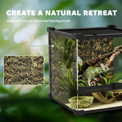 PawHut 24L Glass Terrarium, Reptile Vivarium with Stone Background, Black