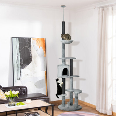 PawHut 255cm Floor to Ceiling Cat Tree with Scratching Posts, Hammock ...
