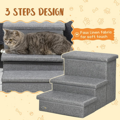 PawHut 3 Step Dog Steps with Storage Boxes, Cat Stairs for Bed Sofa ...