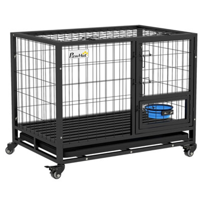 PawHut 36" Heavy Duty Dog Crate on Wheels w/ Bowl Holder, Removable Tray
