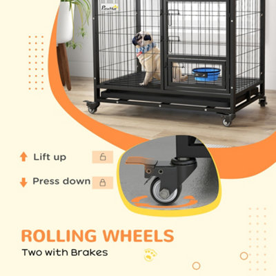 PawHut 36" Heavy Duty Dog Crate on Wheels w/ Bowl Holder, Removable Tray
