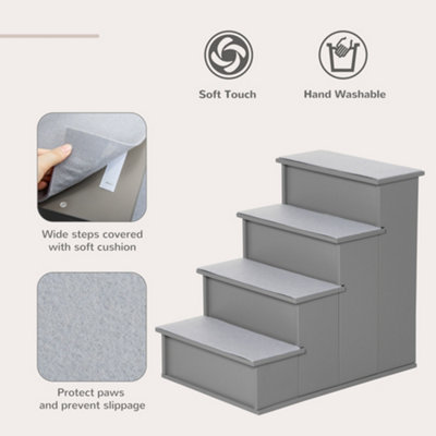 PAWHUT 4 STEP WOODEN DOG STEPS PET STAIRS CAT LADDER FOR BED COUCH, GREY