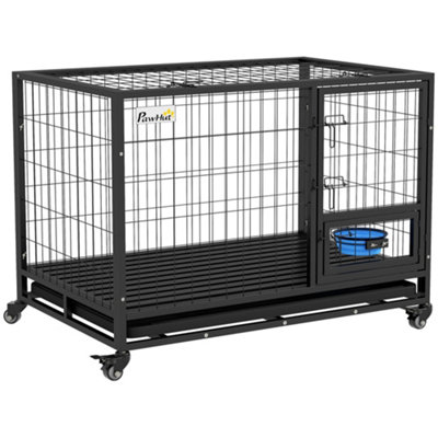 PawHut 43" Heavy Duty Dog Crate on Wheels w/ Bowl Holder, Removable Tray