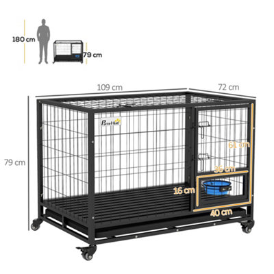 PawHut 43" Heavy Duty Dog Crate on Wheels w/ Bowl Holder, Removable Tray