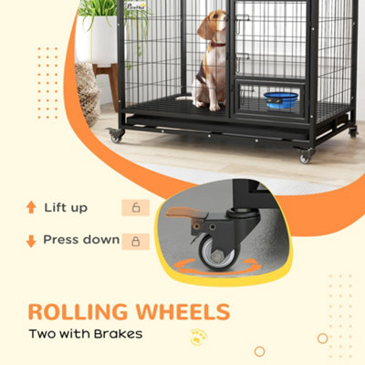 PawHut 43" Heavy Duty Dog Crate on Wheels w/ Bowl Holder, Removable Tray