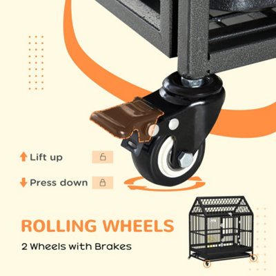 PAWHUT 43" HEAVY DUTY DOG CRATE ON WHEELS W/ REMOVABLE TRAY, OPENABLE TOP