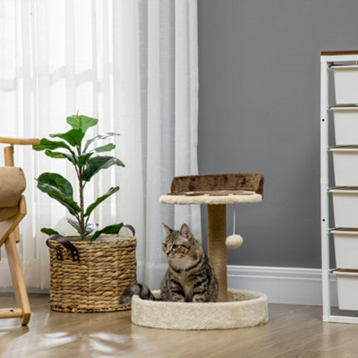 PawHut 44cm Cat Tree Tower with Scratch Post, Platforms, Ball, Brown