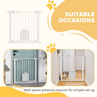 PawHut 75-82 cm Pet Safety Gate Pressure Fit Stair w/ Small Door Double ...