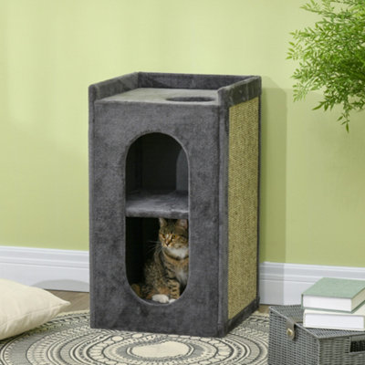 PawHut 81cm Cat Scratching Barrel with Two Cat Houses for Indoor Cats ...