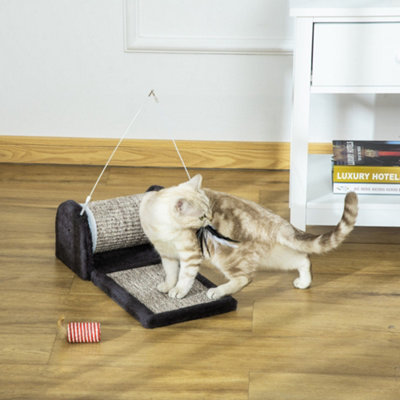 PawHut Cat Scratcher Sisal Board with Roller Feather Toy, Grey