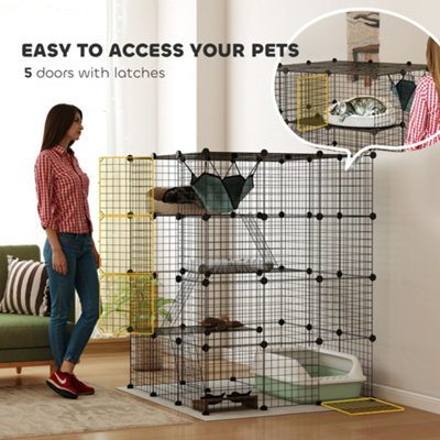 PawHut DIY 4 Tier Cat Cage Indoor with Hammock, Ramps, Doors, for 1-3 Cats