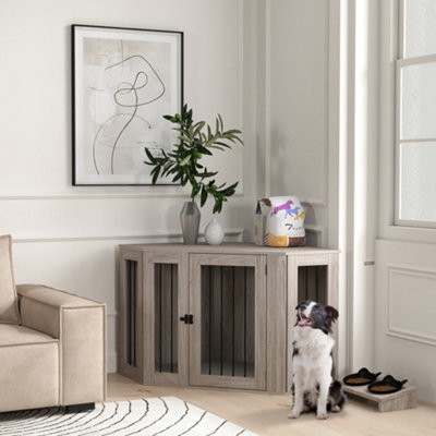 PawHut Dog Crate Furniture for Large Dogs w/ Cushion, Door - Walnut Brown