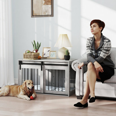 PawHut Dog Crate Furniture with Removable Cushion for Large Dogs - Grey