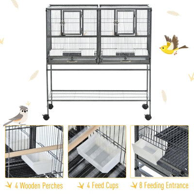 PAWHUT DOUBLE ROLLING BIRD CAGE WITH REMOVABLE METAL TRAY AND STORAGE SHELF