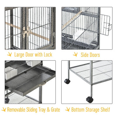PAWHUT DOUBLE ROLLING BIRD CAGE WITH REMOVABLE METAL TRAY AND STORAGE SHELF