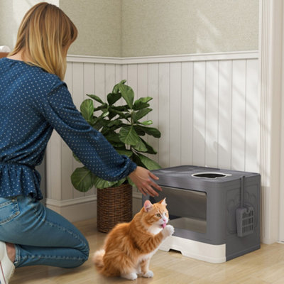 PAWHUT ENCLOSED CAT LITTER TRAY WITH LID, FRONT ENTRY, TOP EXIT, SCOOP ...
