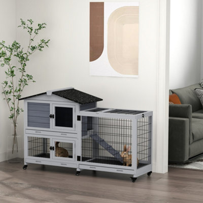 PawHut Large Rabbit hutch Outdoor Indoor w/ Wheels, Three Slide-Out ...