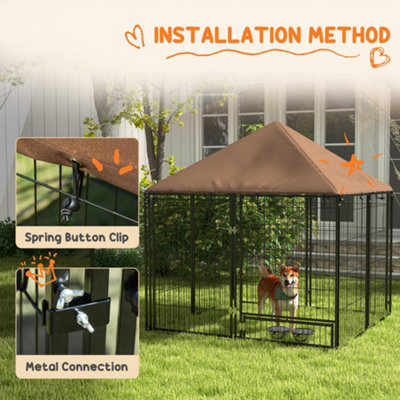 PawHut Outdoor Dog House Kennel with Canopy Top & Lock Rotating Bowl Holder