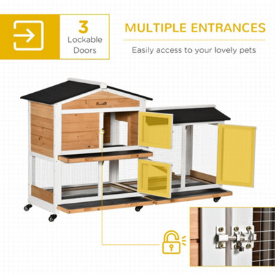 PawHut Rabbit Hutch, Bunny Cage Outdoor 2-Tier w/ Wheels & Tray, Yellow