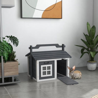 PawHut Rabbit Hutch, Cat House Wooden with 2 Rooms & Openable Roof - Grey