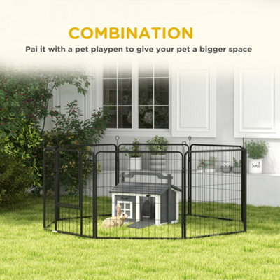 PawHut Rabbit Hutch, Cat House Wooden with 2 Rooms & Openable Roof - Grey