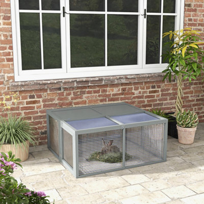 PawHut Rabbit Hutch, Folding Wooden Rabbit Run with Openable Top, Grey