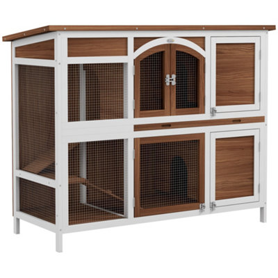 PawHut Rabbit Hutch, Guinea Pig Hutch 2-Tier Wooden Cage w/ Ramp Roof ...