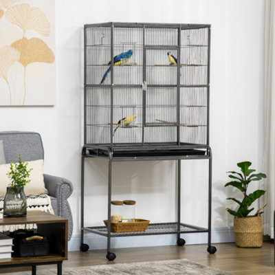 PawHut Rolling Bird Cage w Detachable stand Storage Shelf Wood Perch Food Cup