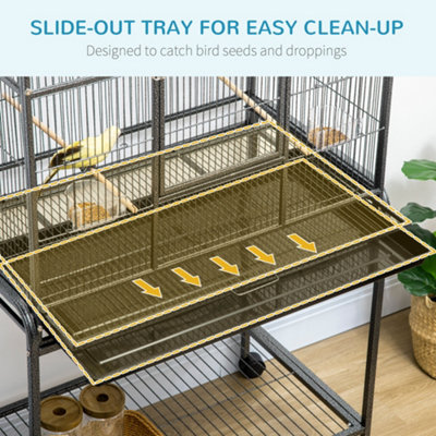 PawHut Rolling Bird Cage w/ Detachable stand Storage Shelf Wood Perch ...